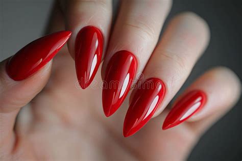 Woman S Stiletto Style Shaped Fingernails With Red Nail Polish Stock