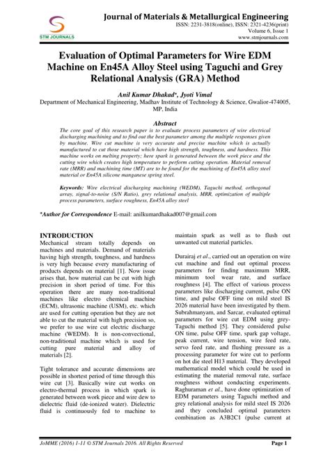 pdf evaluation of optimal parameters for wire edm machine on en45a