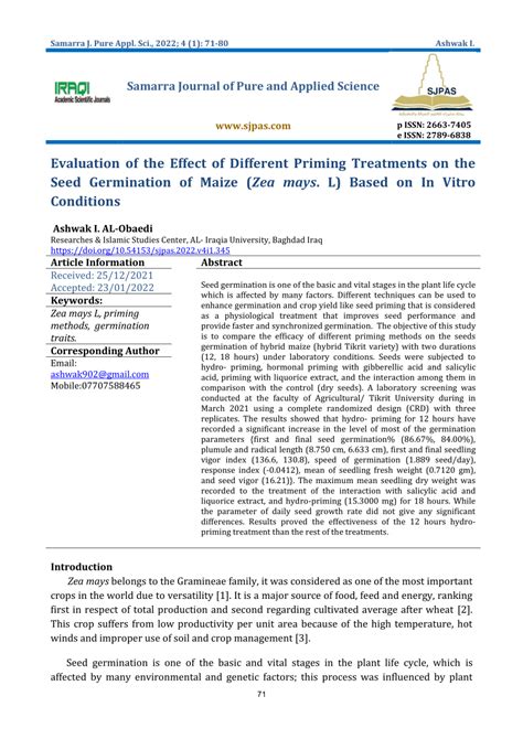 Pdf Evaluation Of The Effect Of Different Priming Treatments On The Seed Germination Of Maize