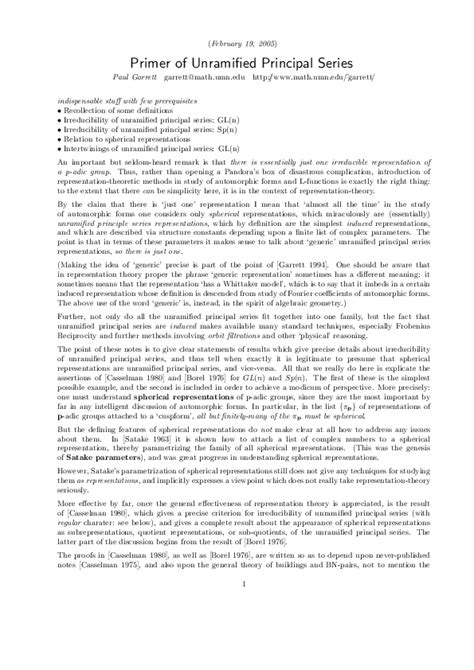 Pdf Unramified Principal Series Representations And Their Irreducibility