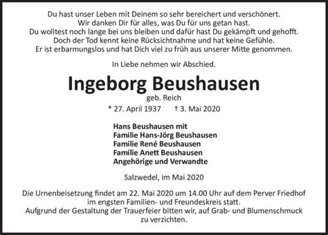 Traueranzeigen Von Ingeborg Beushausen Geb Reich Abschied Nehmen De