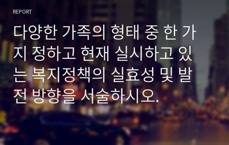 다양한 가족의 형태 중 한 가지 정하고 현재 실시하고 있는 복지정책의 실효성 및 발전 방향을 서술하시오 레포트