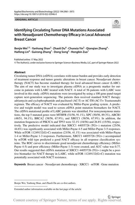 Identifying Circulating Tumor Dna Mutations Associated With Neoadjuvant Chemotherapy Efficacy In