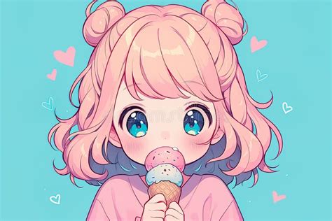 Cute Anime Chibi Girl With Pink Hair Eating Ice Cream Cone On Blue Background Stock Illustration
