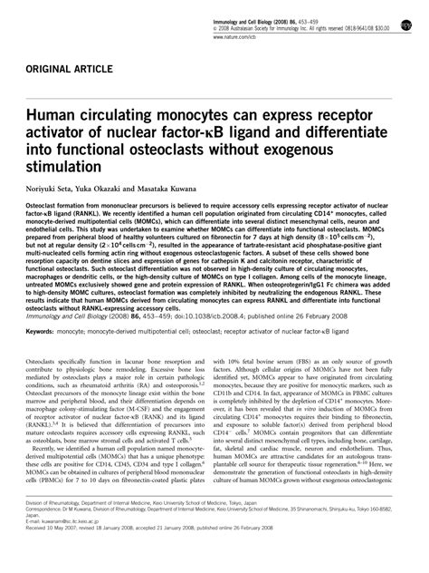 Pdf Human Circulating Monocytes Can Express Receptor Activator Of