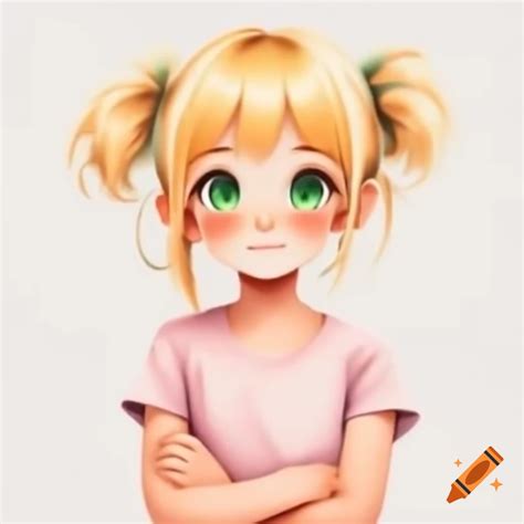 Anime Girl With Blonde Hair And Green Eyes Wearing A Pink T Shirt On