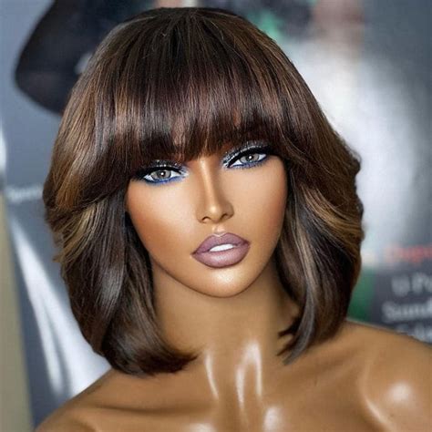 5x5 Lace Closure Bob Wig With Bang Chestnut Brown Highlighted Ywigs