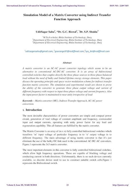 pdf simulation model of a matrix converter using indirect ijamtes