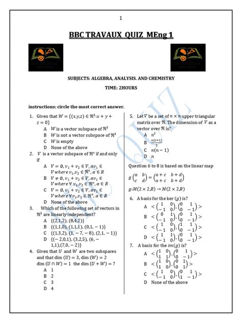 Bbc Quiz Meng 1 Pdf Matrix Mathematics Eigenvalues And Eigenvectors