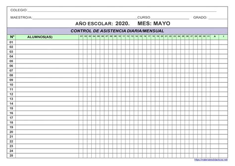 CONTROL DE ASISTENCIA DIARIA MENSUAL PRIMARIA GRATIS Materiales
