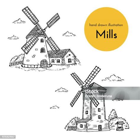 Seperangkat Ilustrasi Kincir Angin Yang Digambar Dengan Tangan Sketsa