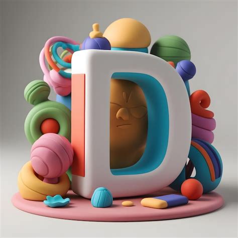3D Render Of Letter D Surrounded By Colorful Playful Objects In A Soft