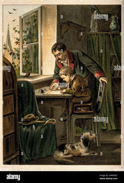A Man Is Instructing A Boy On How To Write Colour Lithograph Stock