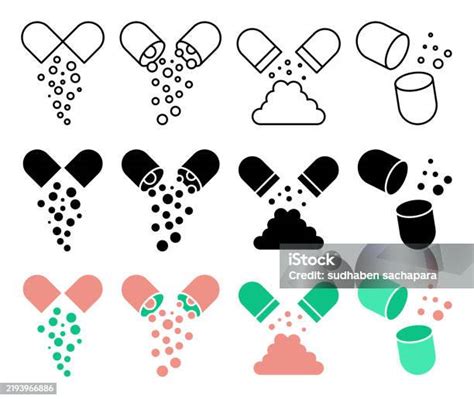 Open Capsule Vector 아이콘은 검은 색과 컬러 버전으로 설정됩니다 개념에 대한 스톡 벡터 아트 및 기타 이미지