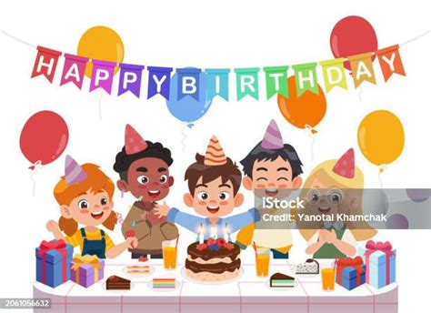 생일 파티에서 즐거운 시간을 보내는 행복한 친구들과 생일 파티에서 촛불을 불고 있는 어린 아이 생일에 대한 스톡 벡터 아트 및 기타 이미지 Istock