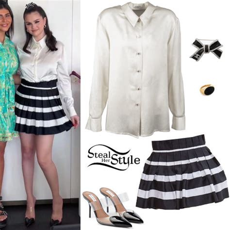 Selena Gomez White Blouse Striped Skirt Fashnfly