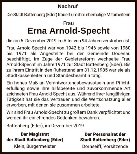 Traueranzeigen Von Erna Arnold Specht Trauer Hna De