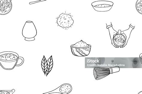 손으로 그린 말차 테마 요소의 완벽 한 패턴입니다 말차 가루 말차 계량 스푼 대나무 거품기 일본 차 말차 라떼 손에 컵 손으로 그린 0명에 대한 스톡 벡터 아트 및 기타