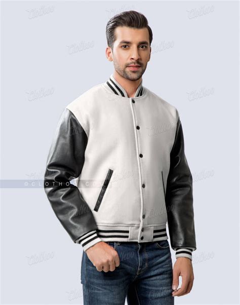 White Wool Body Black Leather Sleeves Varsity Jacket