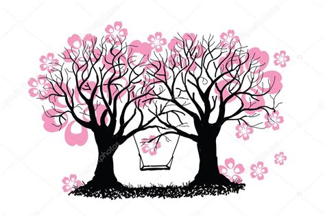 Columpio Entre La Primavera árboles Florecientes Vector Ilustración