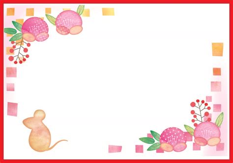 手書き風のねずみと椿の花のかわいいイラスト年賀状素材 無料ダウンロードかわいい雛形テンプレート素材