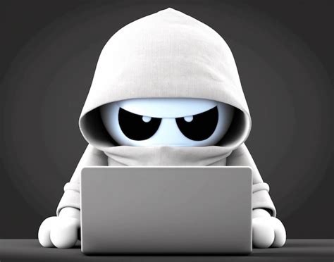 Lindo hacker anónimo con capucha blanca usando computadora portátil