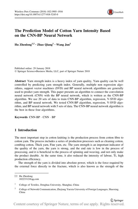 The Prediction Model Of Cotton Yarn Intensity Based On The Cnn Bp Neural Network