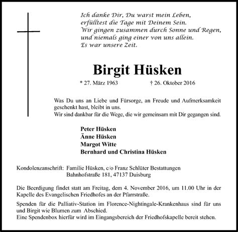 Traueranzeigen Von Birgit Hüsken Trauer In Nrwde