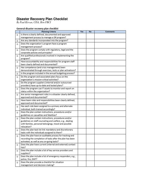 Disaster Recovery Plan Checklist Pdf Risk Risk Assessment