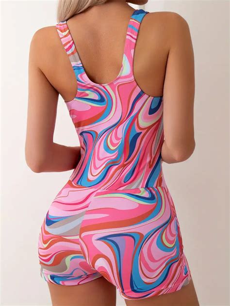 Traje Baño Pieza Cuello Redondo Estampado Ondulado Traje Temu Mexico