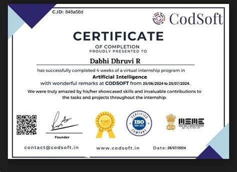 Dabhi Dhruvi On Linkedin Ai Python Internship Thankyou Codsoft