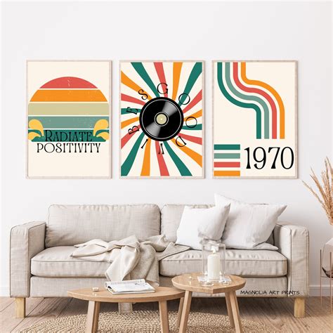 Retro 70s Wall Art Set Of 3 Trendy Retro Sunset Prints Groovy Wall