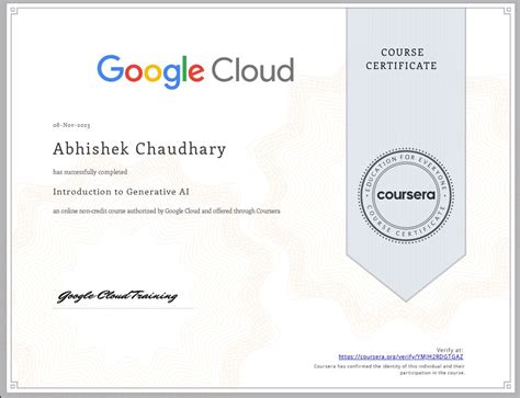 Generativeai Certificatecompletion Aiinnovation Coursera Lifelonglearning Abhishek Chaudhary