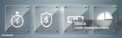 파이 차트 인포그래픽을 설정하고 지폐 현금을 쌓고 달러 기호가 있는 방패를 설정하고 시간은 돈입니다 정사각형 유리 패널 벡터 경영자에 대한 스톡 벡터 아트 및 기타 이미지