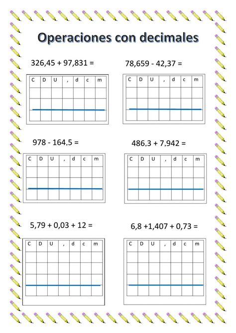 Ficha De Sumas Y Restas Con Punto Decimal Artofit