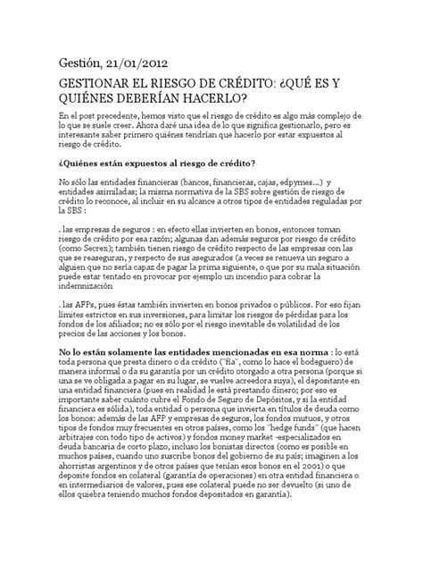 Gestionar El Riesgo De Crédito Pdf Riesgo Crediticio Bancos