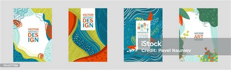 Abstract Cover Or Card Design With Fancy Wavy Shapes Vector Set Stock