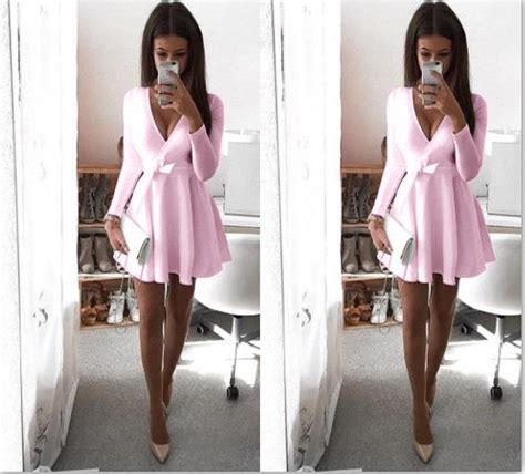 Sexy Deep V Neck Bowknot Long Sleeve Short Dress