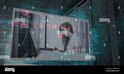 Image Of Cyber Attack Warning Over Caucasian Woman In Server Room