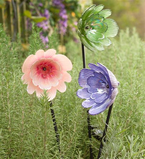Solar Glass Flower Garden Stake Green Wind And Weather