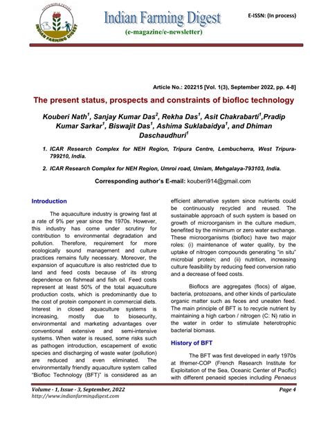 Pdf The Present Status Prospects And Constraints Of Biofloc Technology