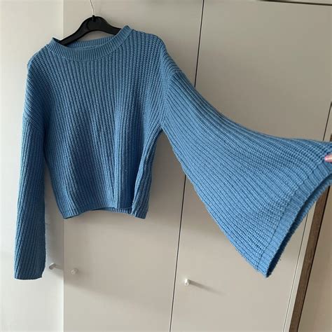Boohoo Blue Knitted Jumper Size M Flared Sleeves Depop
