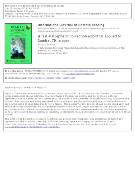 A Fast Atmospheric Correction Algorithm Applied To Landsat Tm Images Pdf