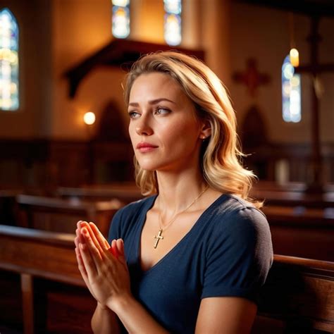 Christian Woman Is Praying With Hands Crossed In Church Christianity