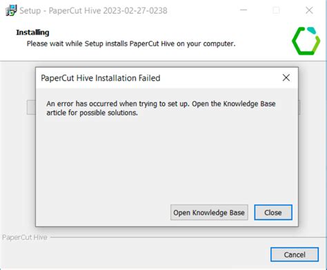 papercut hive installation failed error message papercut