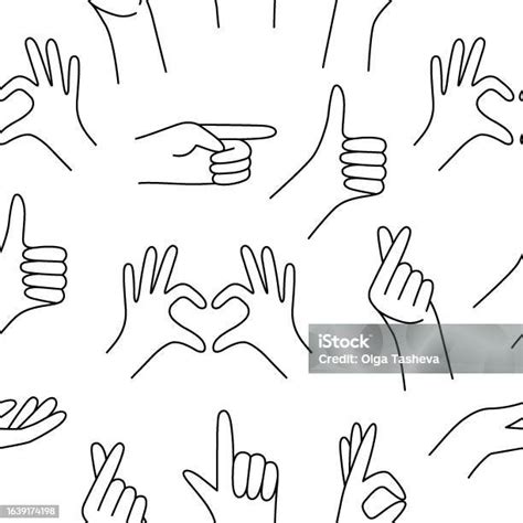 다른 손 제스처로 원활한 패턴 흑백 벡터 벽지입니다 고정식 장식 포장지 옷 디자인 손에 대한 스톡 벡터 아트 및 기타 이미지 손 브이 외형선 Istock