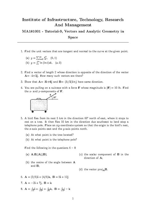 Ma181001 Integral Calculus Tutorial Sheet 9 Vectors And Geometry Studocu