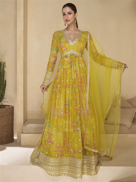 Buy Yellow Printed Georgette Haldi Wear Gown With Dupatta From Ethnic Plus
