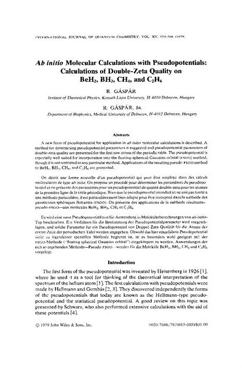 Pdf Ab Initio Molecular Calculations With Pseudopotentials