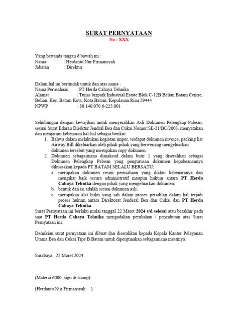 Pernyataan Dokumen Pabean Pt Herda Pdf
